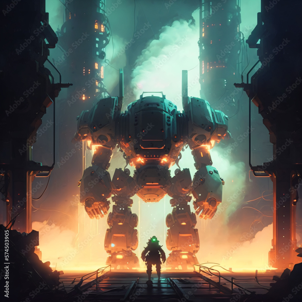 a futuristic factory creating a huge mecha robot surrounded by fire and ...