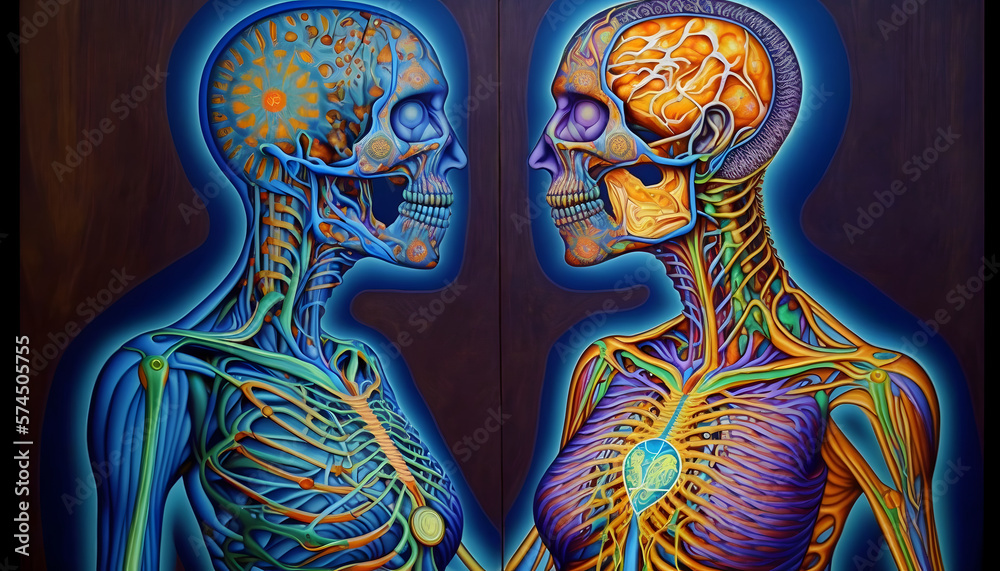 couple in love kissing in the middle of the universe, with the chakras ...