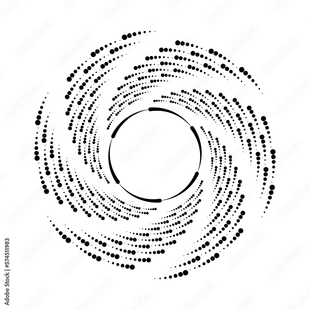 Black vector dots and lines in spiral form. Segmented circle. Helix ...