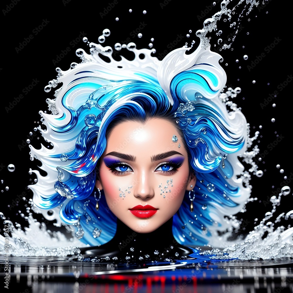 girl's face in splashes of multicolored liquid, head, liquid metal ...