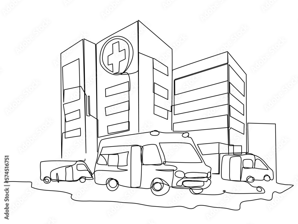 Simple hospital with buildings and ambulances in one line on a white ...