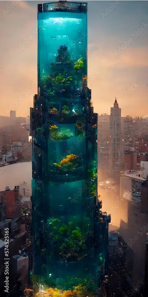 aerial view of a giant fish tank shaped like a tower in the middle of ...