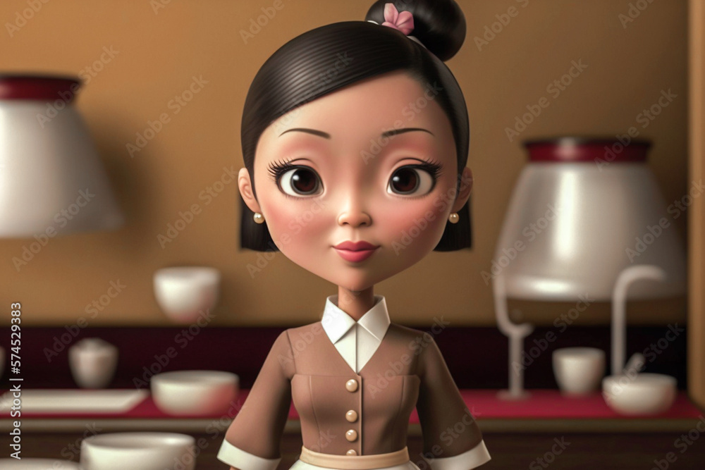 Cartoon Chinese girl waitress with big bright eyes waiting for customer ...