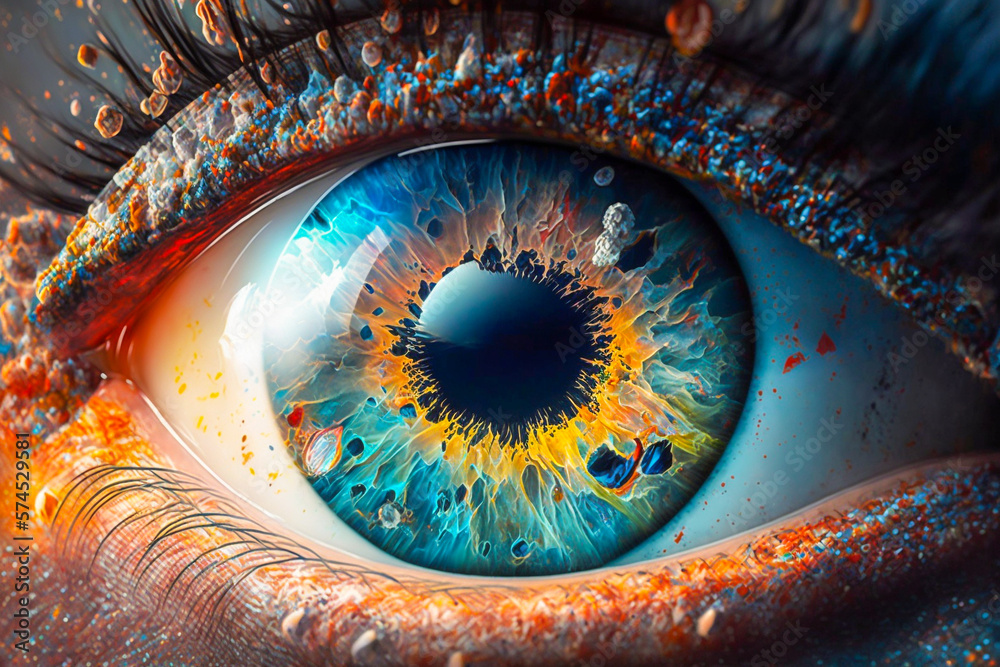 Vivid and colorful ink splash effects on human eye. Art explosion ...