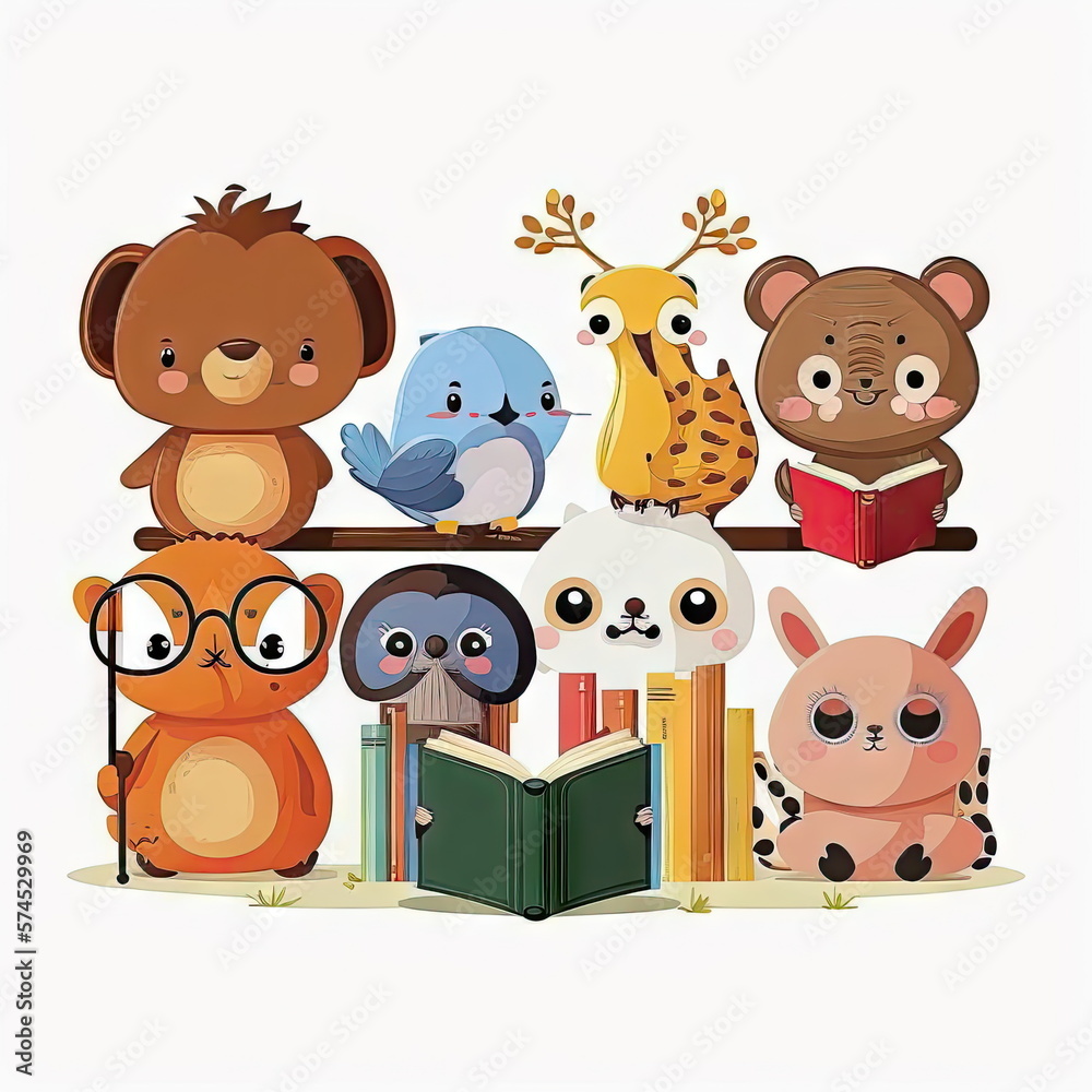 cartoon characters cute animals reading books white background, vector ...
