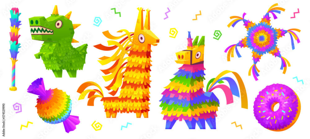 Set of cartoon animal pinatas and bat isolated on white background ...