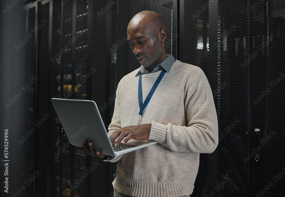 Server room, laptop and black man technician with data center ...