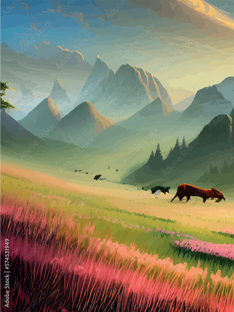 Spring landscape with trees, mountains, fields, leaves. Vector ...