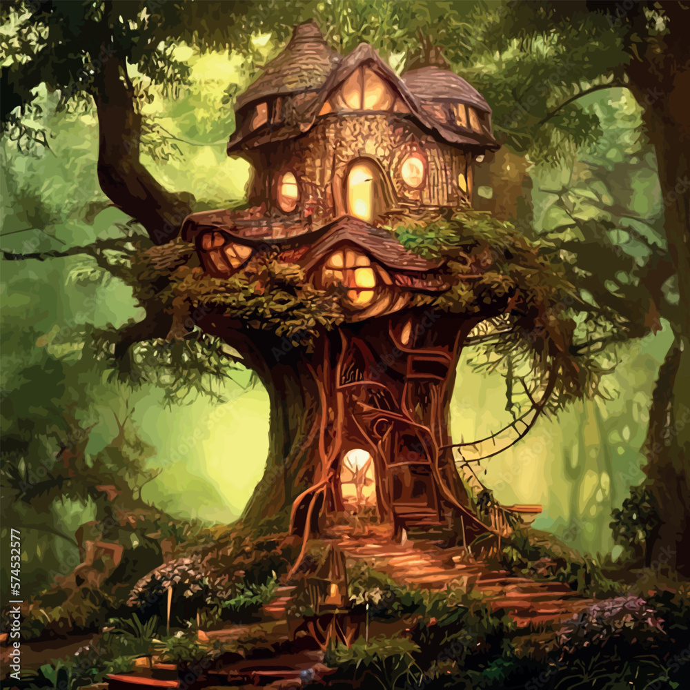Fairy-tale house in a tree with a roof intertwined. Square flat cartoon ...