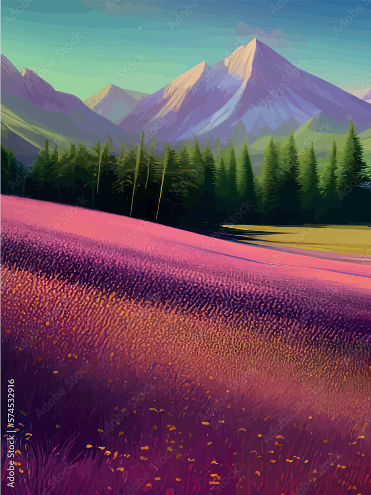 Spring landscape with trees, mountains, fields, leaves. Vector ...