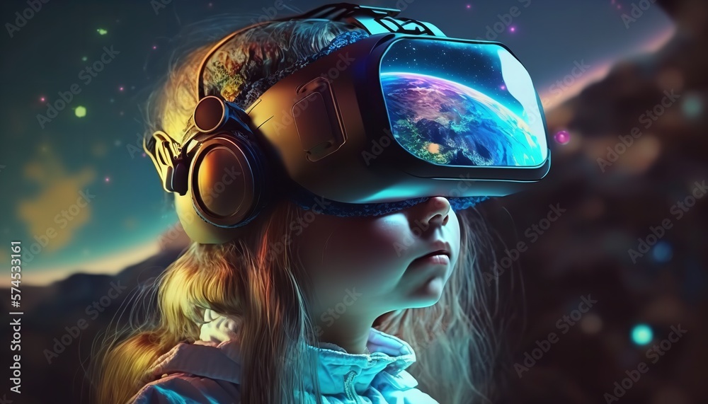 Concept of the metaverse with a child donning a virtual reality headset ...