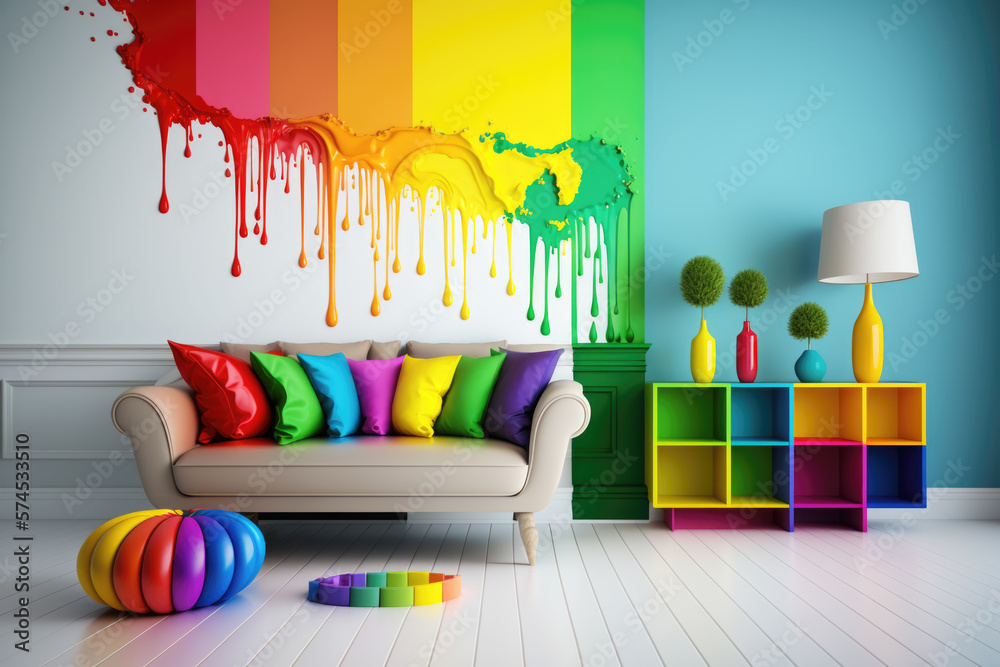 Colorful interior with rainbow painted wall and decoration. AI ...