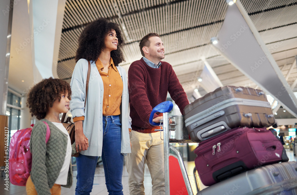 Travel, airport and happy family with luggage for holiday, vacation or ...