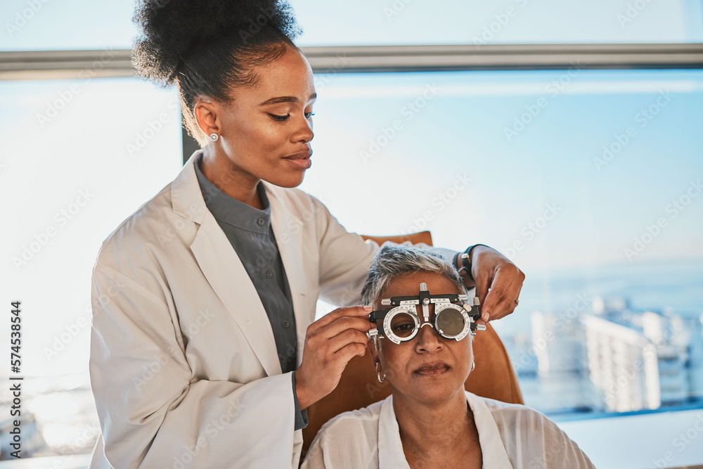 Senior black woman, eye exam and medical test of elderly client at ...