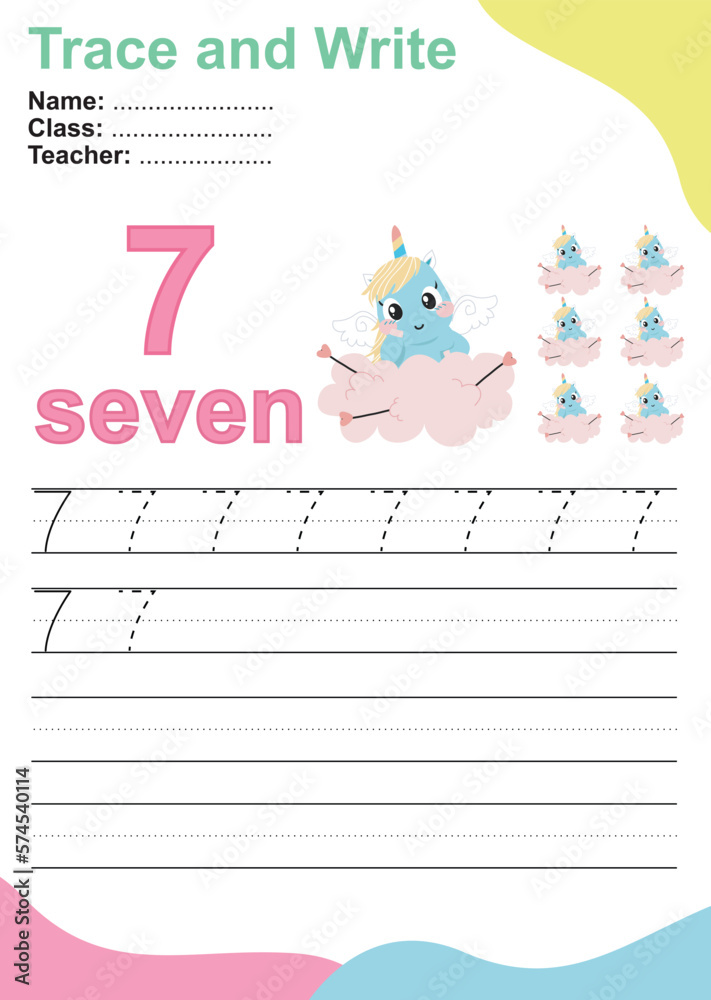 Number seven tracing practice worksheet with seven unicorns sitting on ...