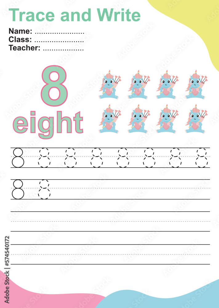 Number eight tracing practice worksheet with eight unicorns as a cupid ...