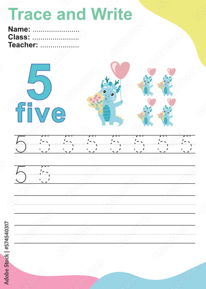 Number five tracing practice worksheet with five baby dragon brings a ...