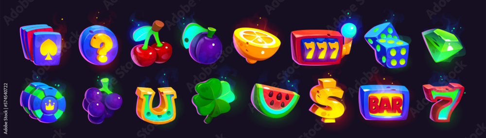 Cartoon set of slot game icons isolated on background. Vector ...