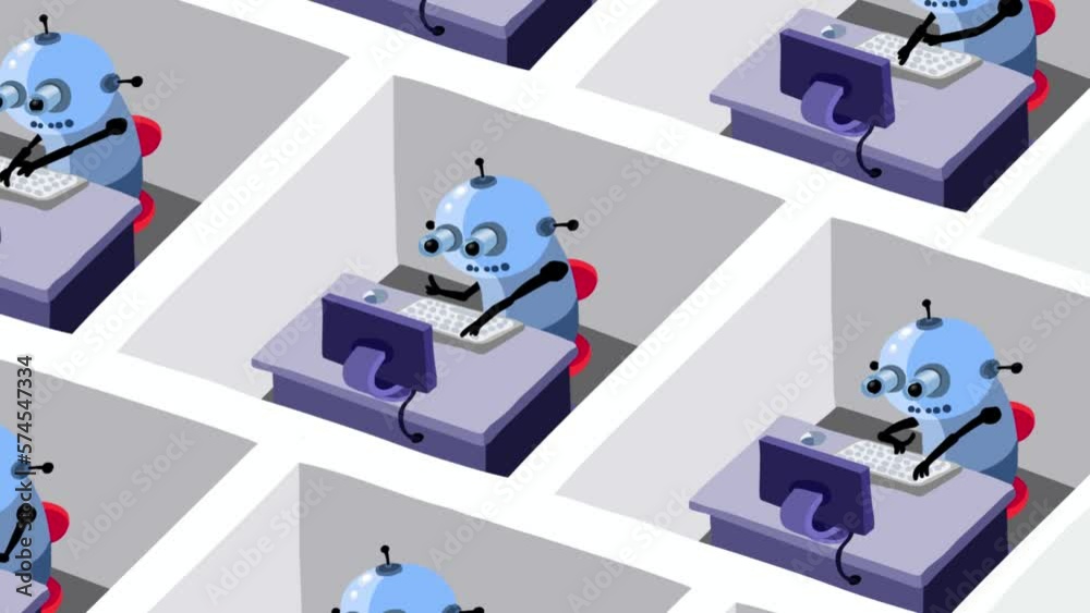 Cartoon robots typing in cubicles form AI lettering color version ...