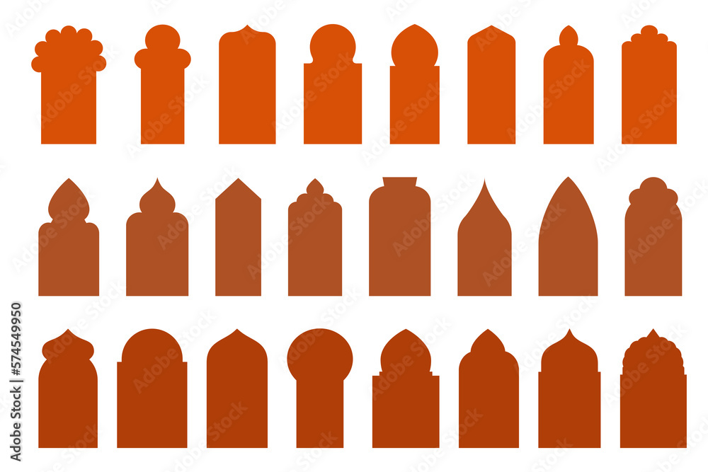 Islamic doors and arabian windows set. Mosque islamic frames. Muslim ...