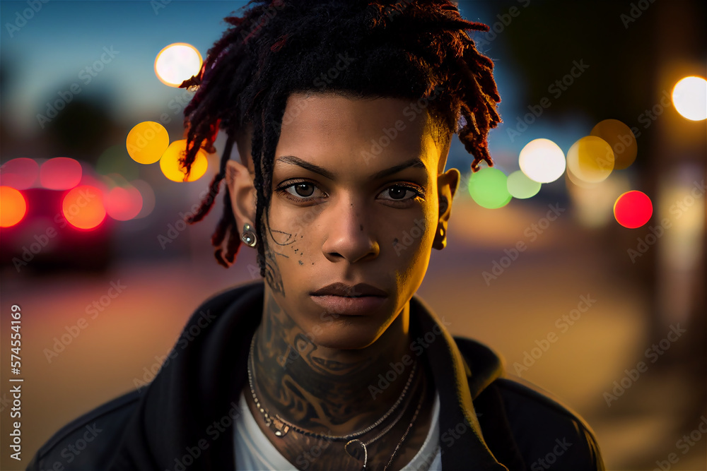 Member of youth gang portrait in the street city night lights, young ...