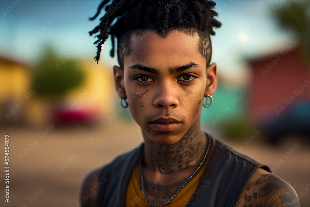 Member of youth gang portrait in the street city night lights, young ...