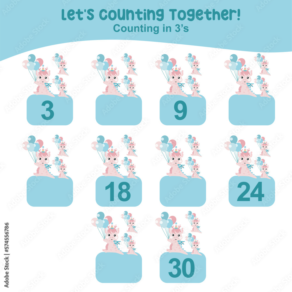 Counting by three's the cute and kawaii baby dragon practising math in ...
