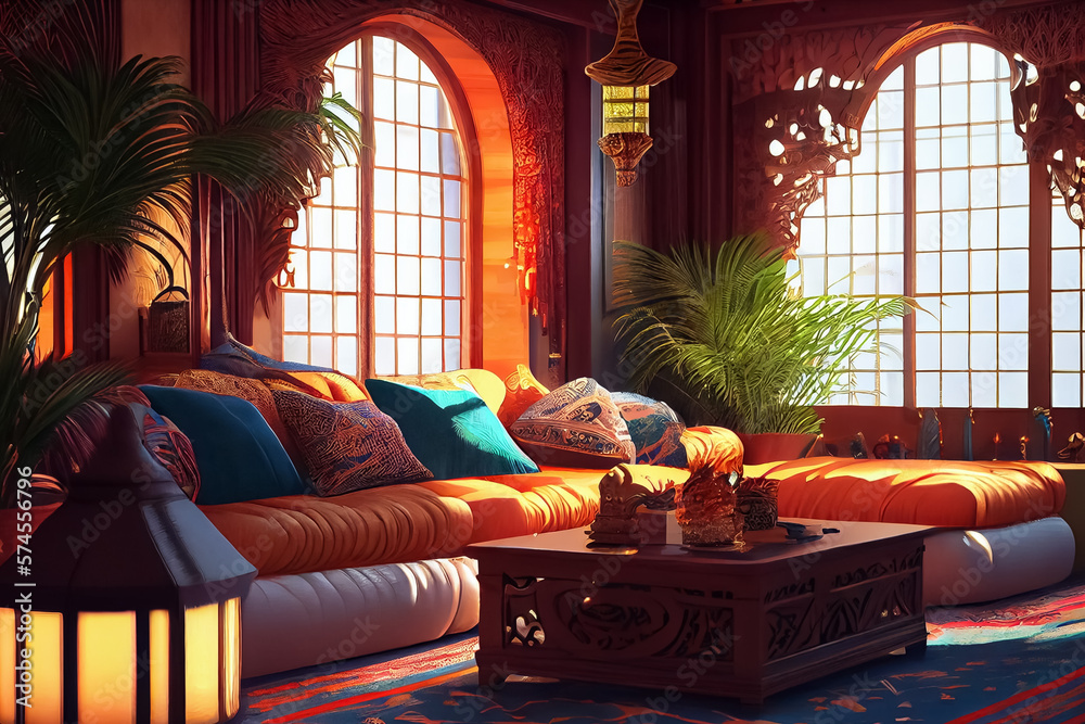illustration of Islamic style living room interior design with window ...