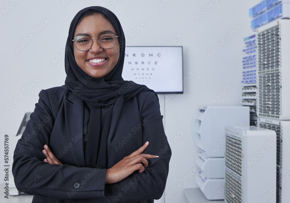 Hijab, muslim woman portrait and optometrist in a doctor office ready ...