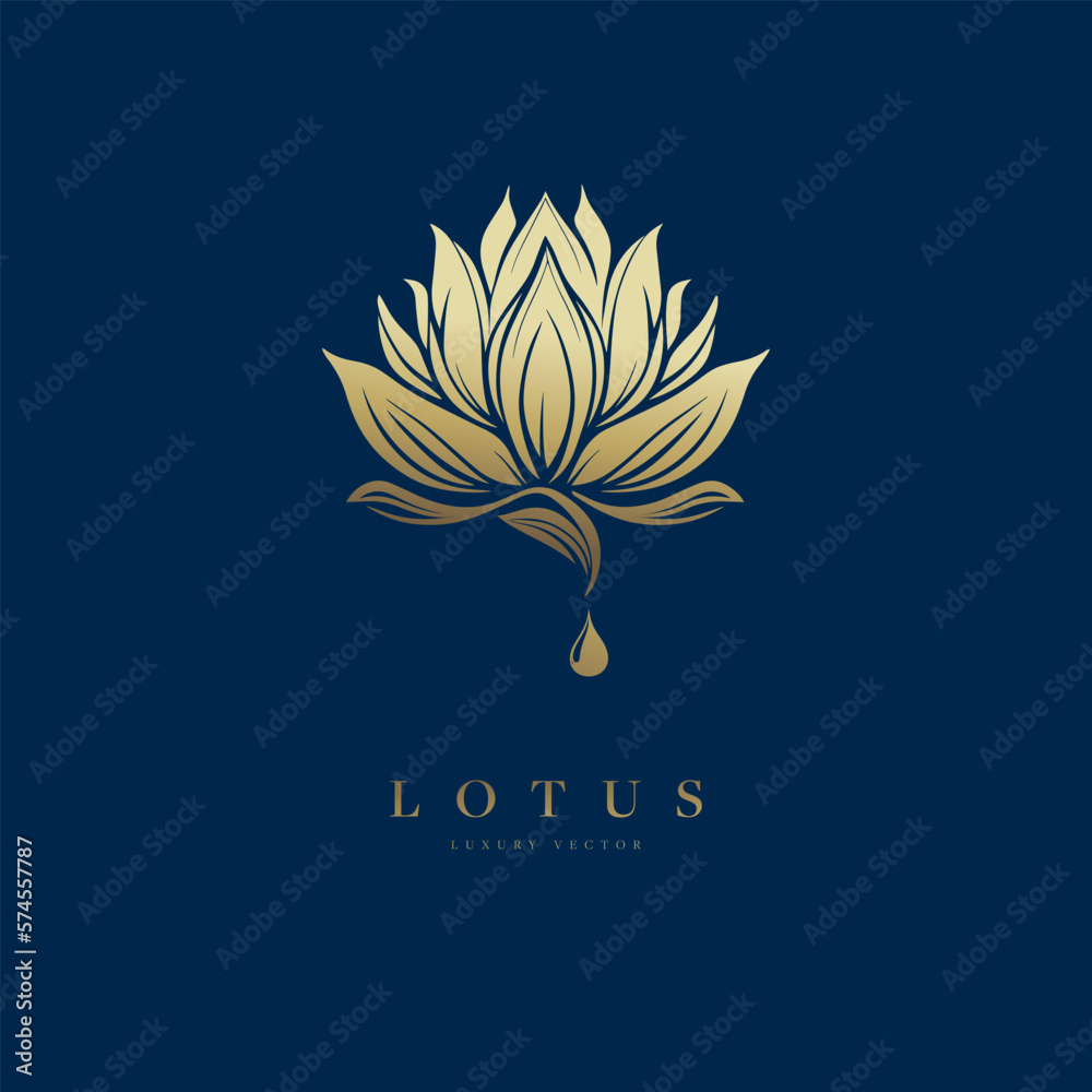 Lotus flower logo on a blue background. Golden vector template motif ...