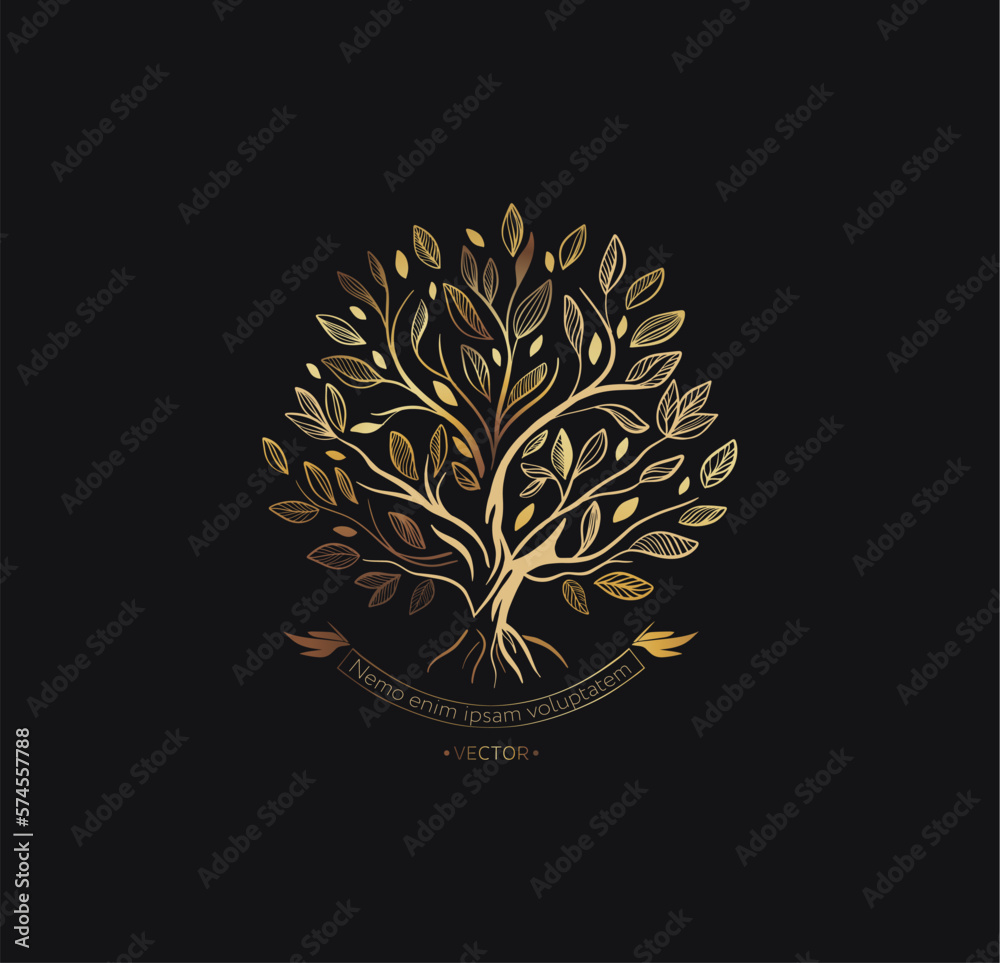 Golden abstract tree emblem on a black background. Modern illustration ...