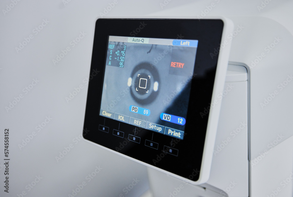 Optometry, healthcare and digital screen for eye exam, vision test and ...