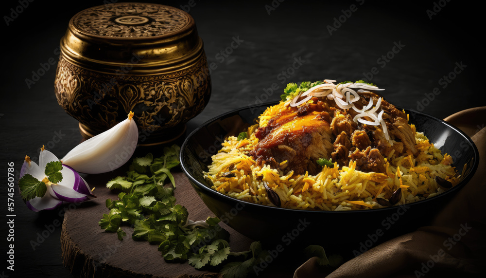 Serving of chicken biryani on a black background generative ai Stock ...