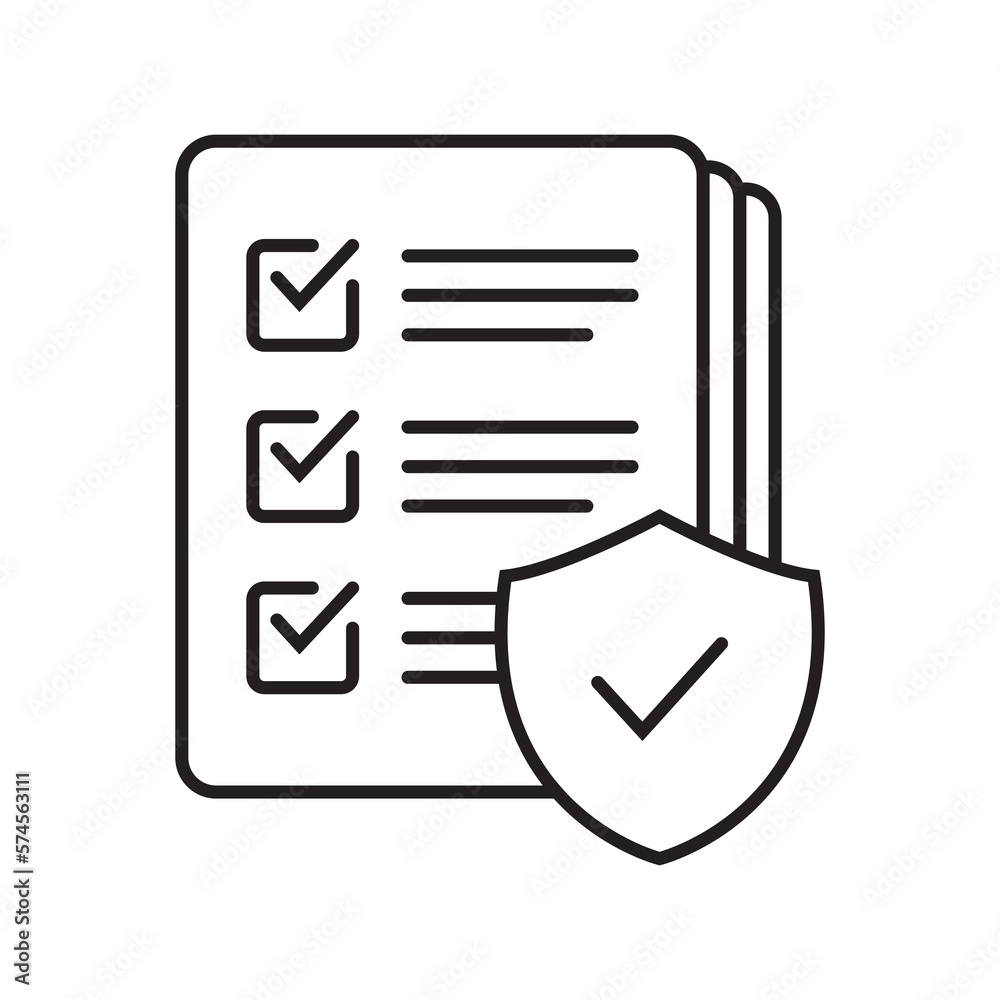 Checklist and shield line icon, Insurance policy concept, data document ...