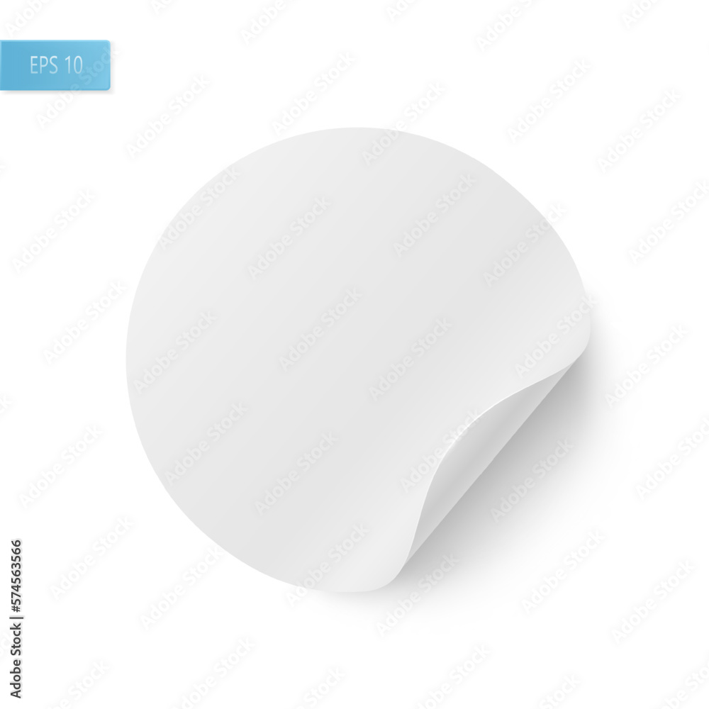Paper round sticker with a curved bottom corner on a white background ...