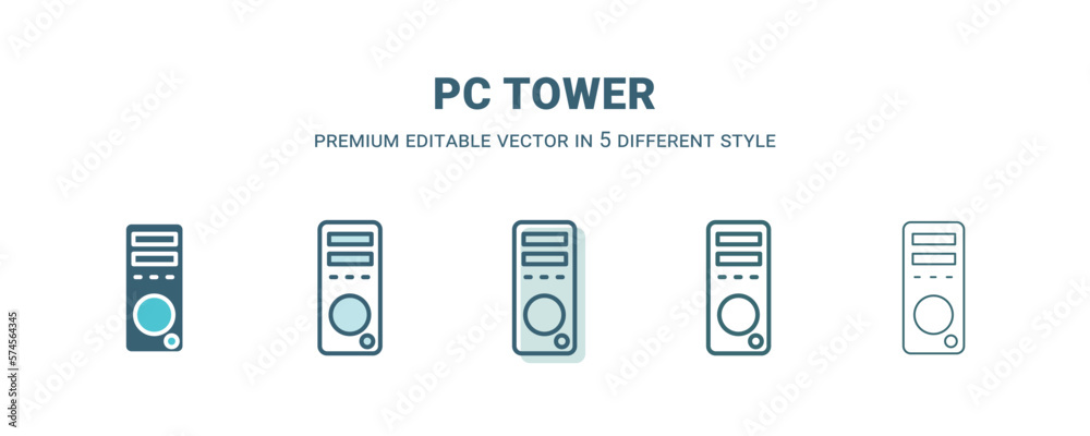 pc tower icon in 5 different style. Outline, filled, two color, thin pc ...