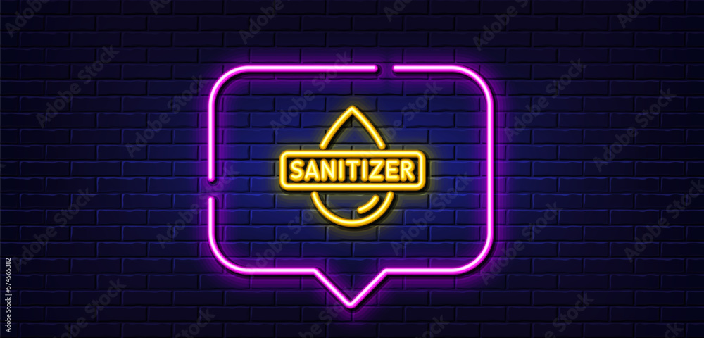Neon light speech bubble. Hand sanitizer line icon. Sanitary cleaning ...