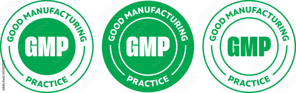 GMP (Good Manufacturing Practice) certified icon. Green color rounded ...