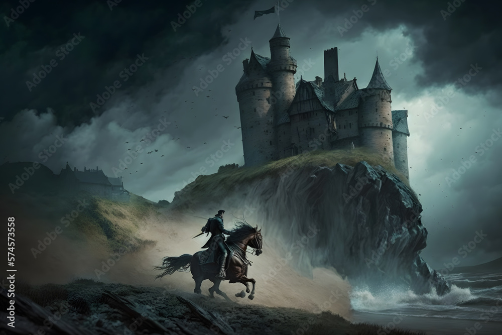 Knights fight storming old castle, dramatic mood. Generation AI Stock ...