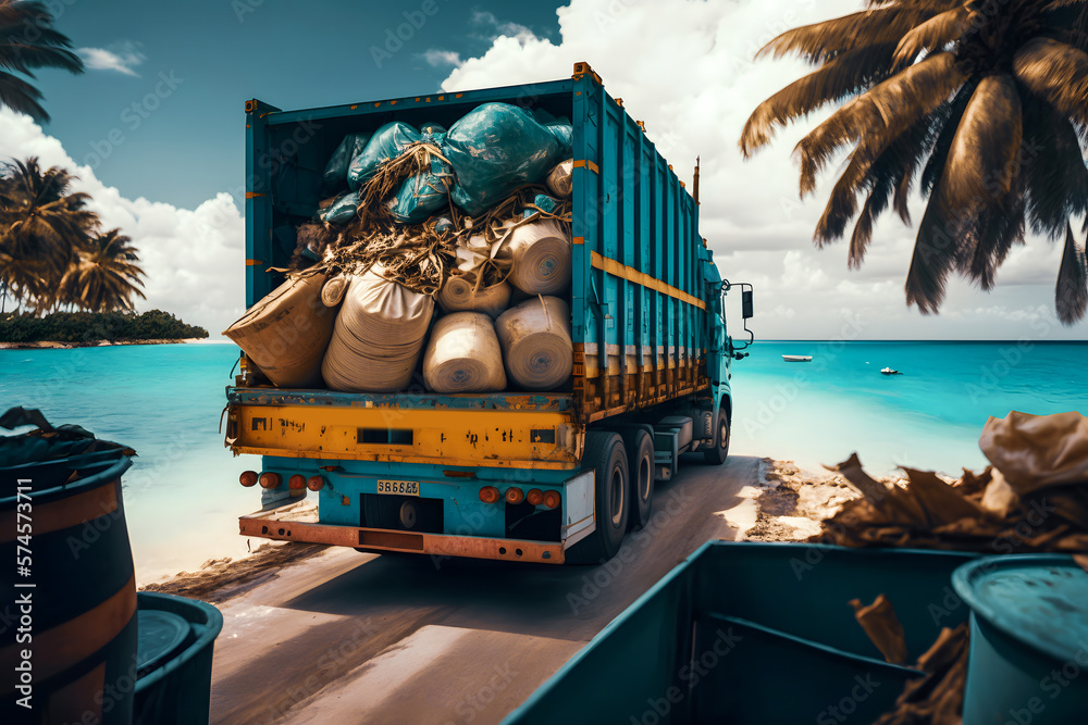 Landfill waste disposal sea. Industry garbage truck unloads rubbish in ...