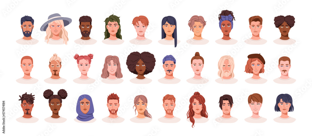 Face portraits, diverse characters avatars set. Young men, women heads ...