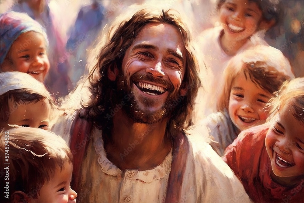 Painting of Jesus Christ smiling. Let the little children come to me. Stock Illustration | Adobe ...