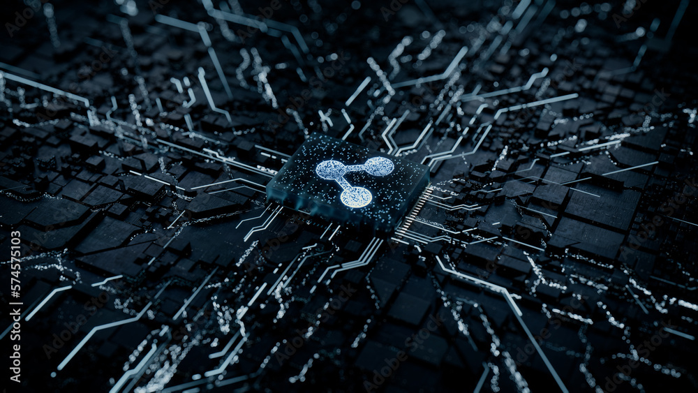 Network Technology Concept with share symbol on a Microchip. Data flows ...