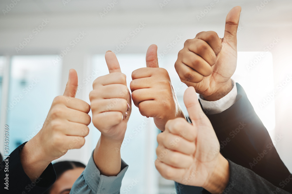 Thumbs up, success closeup and group of people winning, support or ...