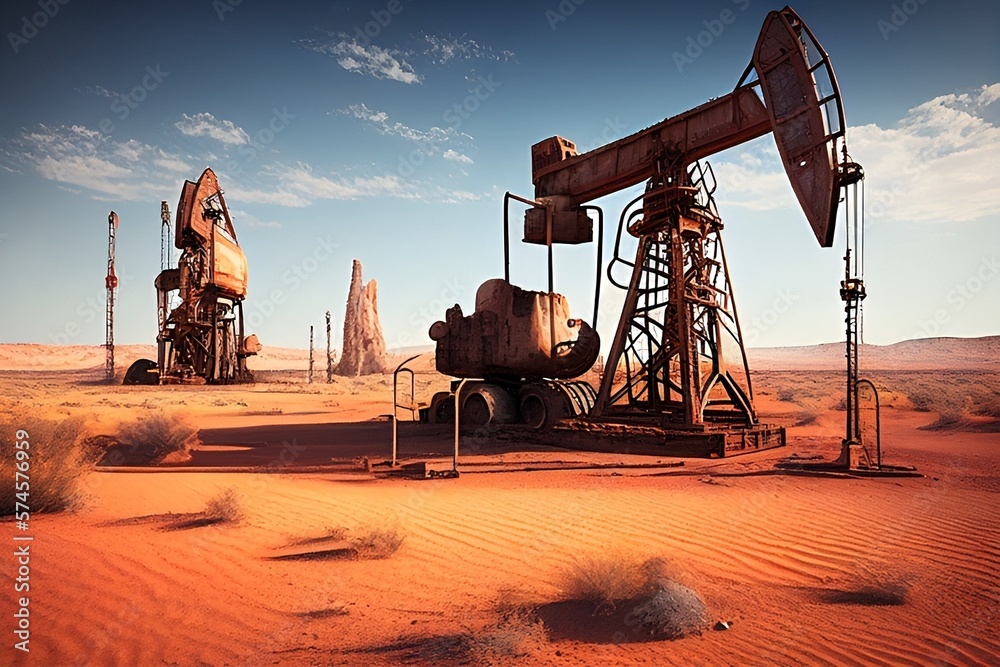 Oil pump rig in desert on oilfield site. Oil and gas production. AI ...