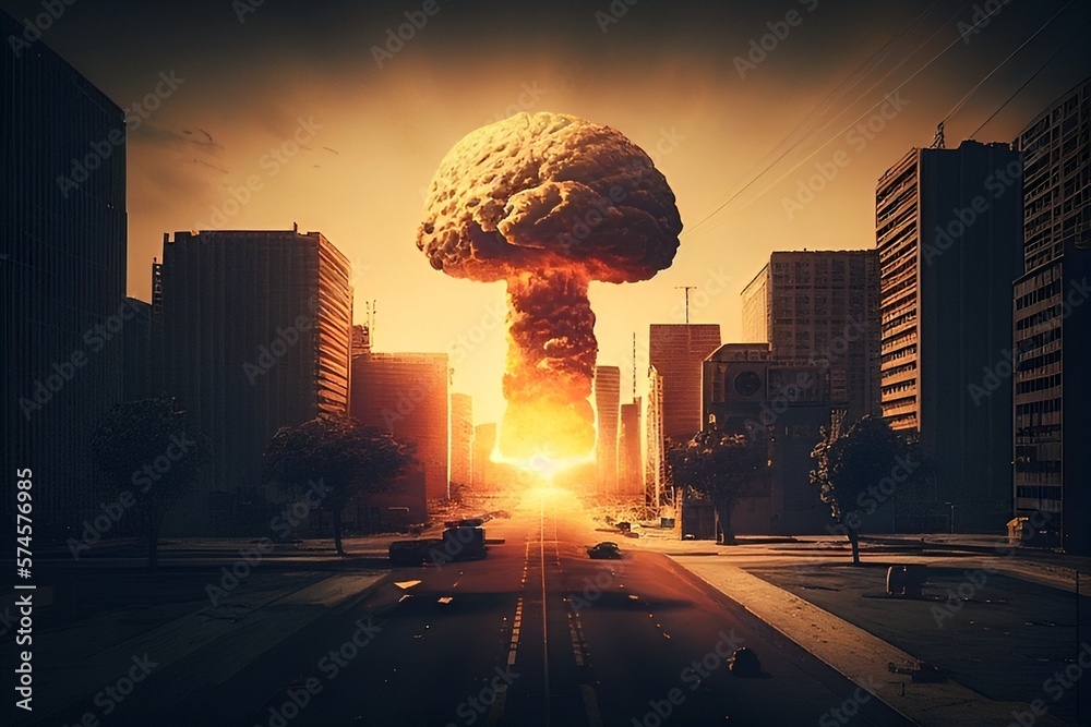 Atomic Bomb over a City. Giant Nuke Explosion Blast. Nuclear war danger. WW3 Danger Illustration ...