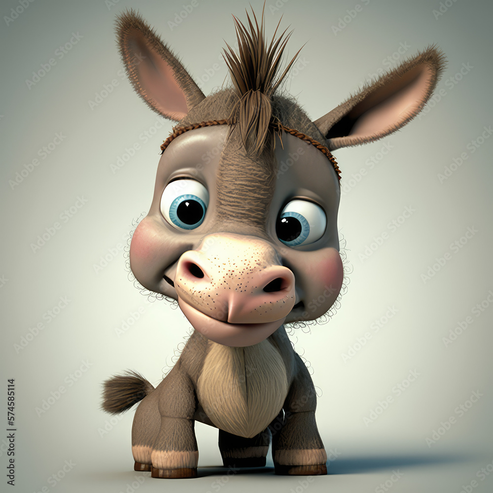 Cute baby donkey 3d character. Cartoon donkey with big eyes isolated ...