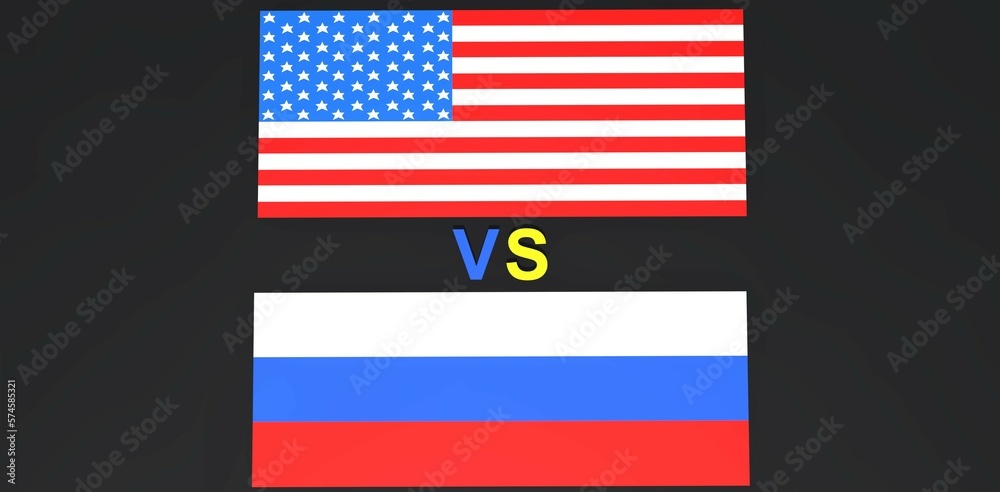 USA vs Russia. Two flags on the black background as a symbol of war. VS ...