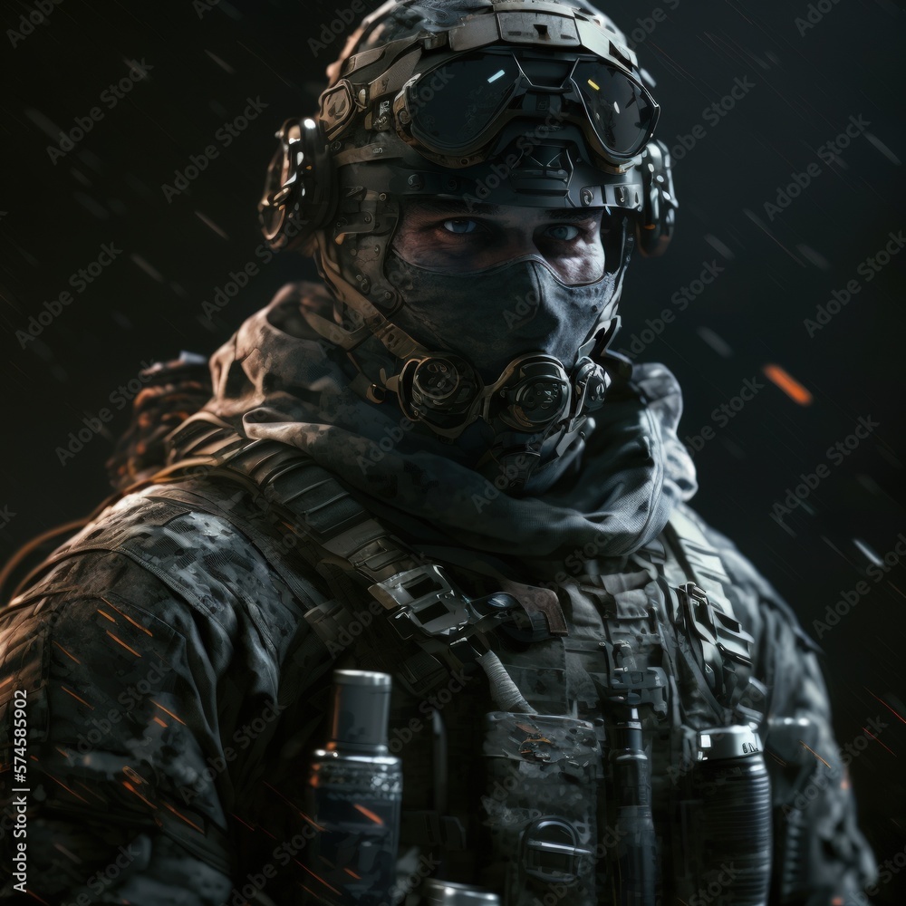 Modern military soldier in his full gear equipment with helmet, mask ...