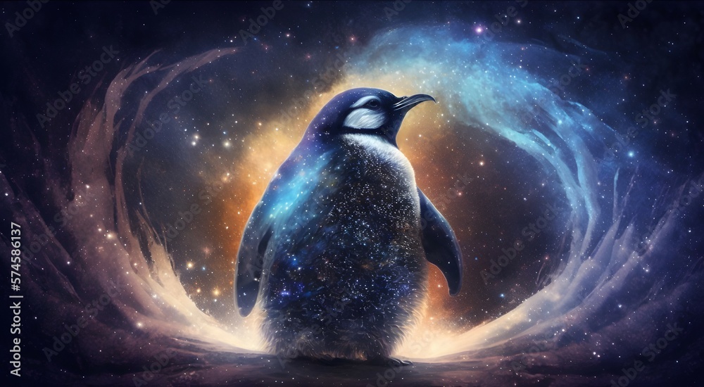 Astral cute galaxy penguin in the middle of the space - AI Generated ...